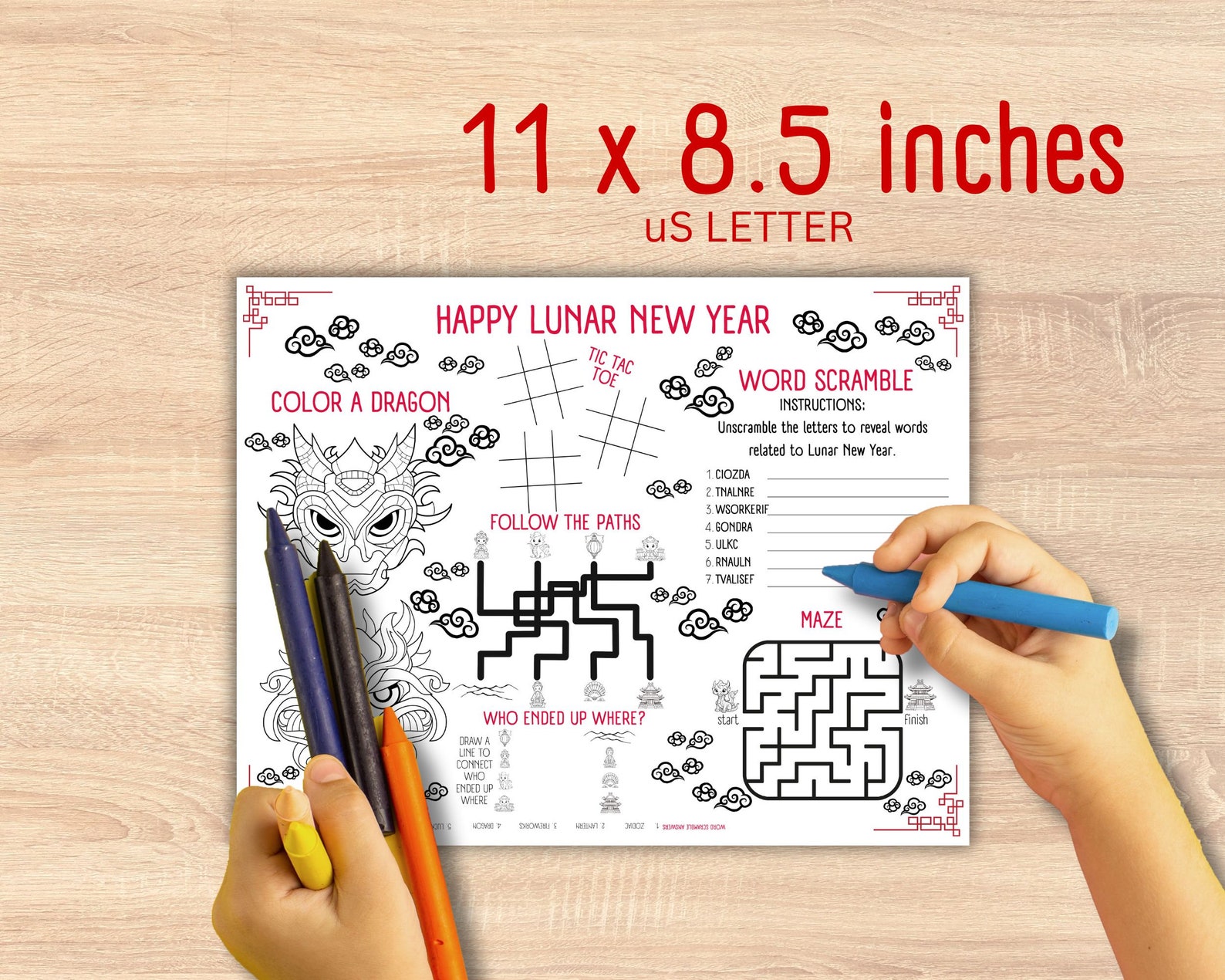 Lunar New Year Activity Coloring Placemat Printable, Year of the Dragon ...