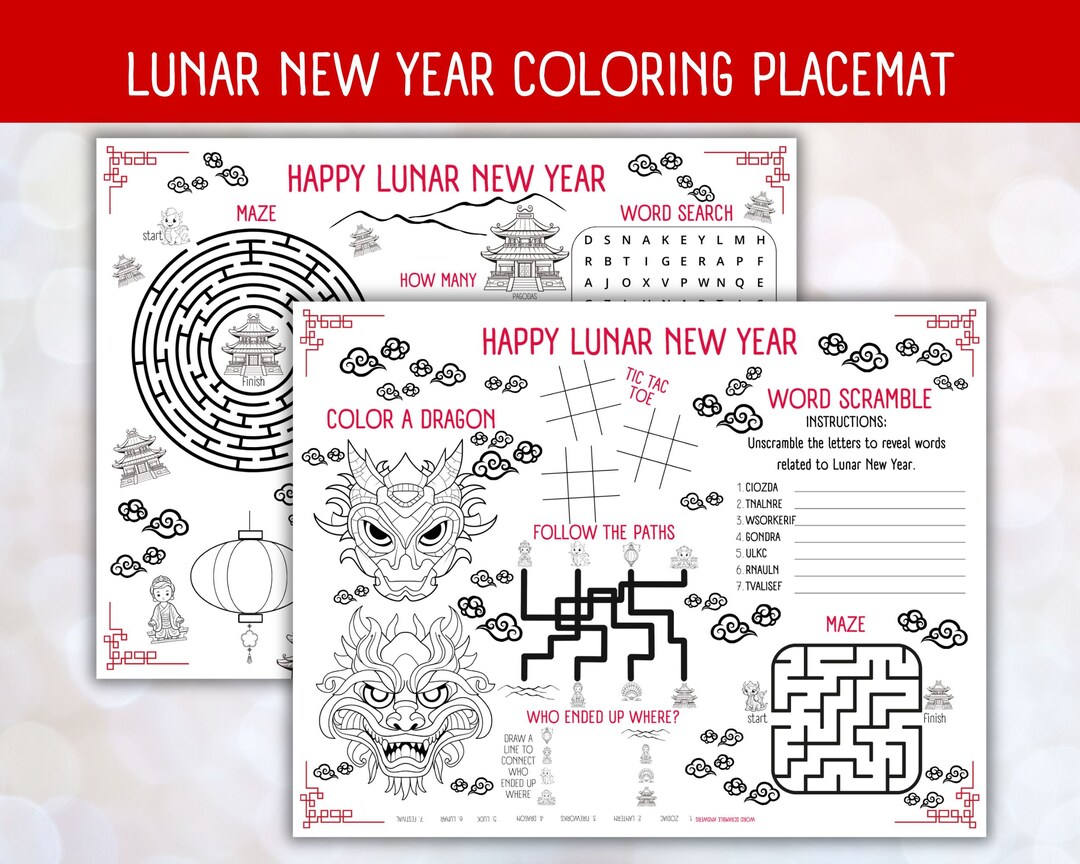 Lunar New Year Activity Coloring Placemat Printable, Year of the Dragon ...