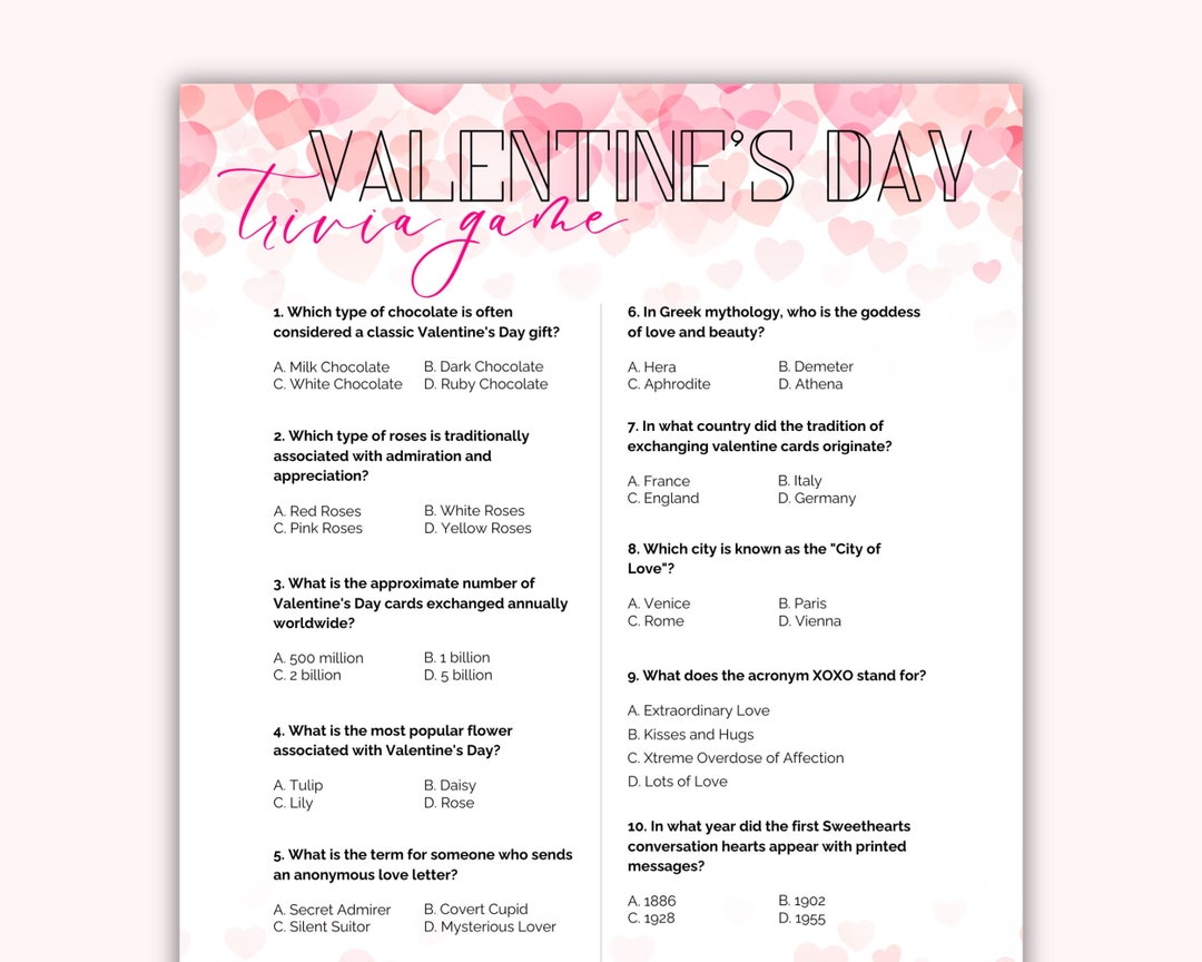 Valentines Day Trivia Game Valentines Day Party Game Valentines