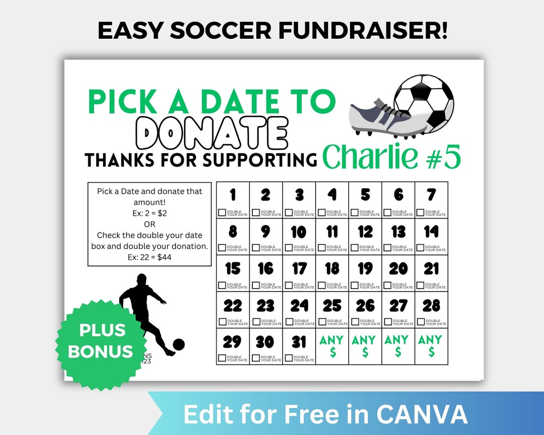 Editable Soccer Calendar Fundraiser, Unique Soccer Pick A Date to ...
