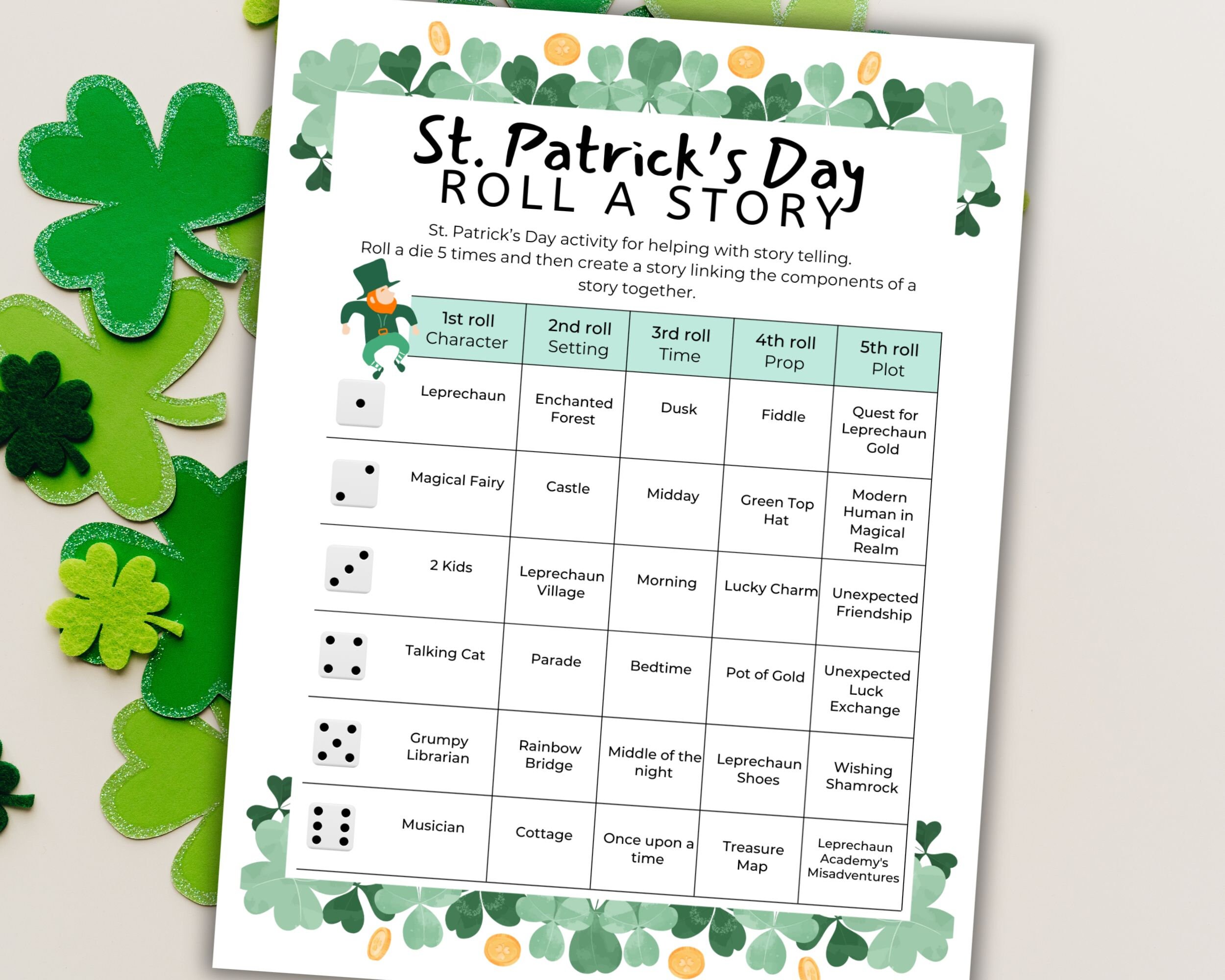 St Patrick's Day Roll a Story, Leprechaun Writing Activity, Classroom ...
