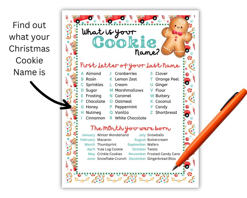 What's Your Cookie Name Game, Christmas Cookie Exchange Party, Holiday ...