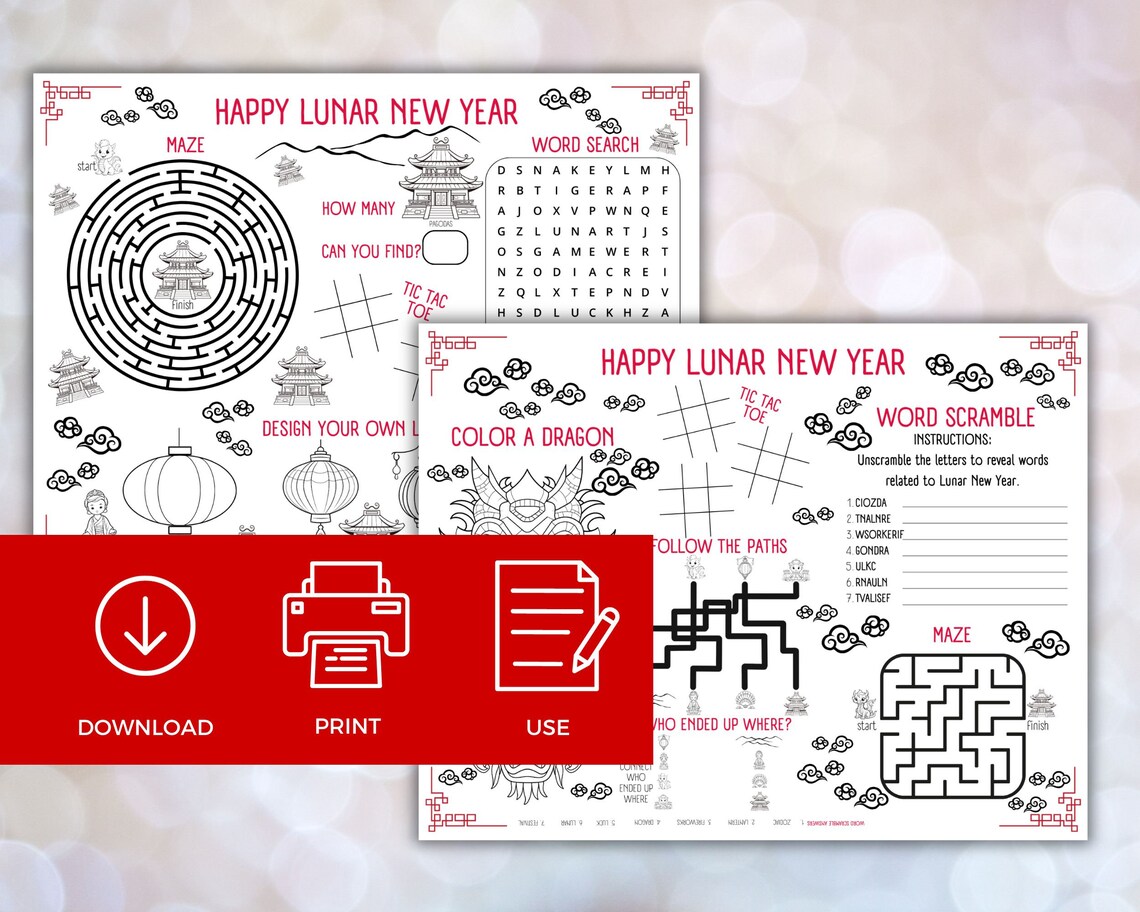 Lunar New Year Activity Coloring Placemat Printable, Year of the Dragon ...