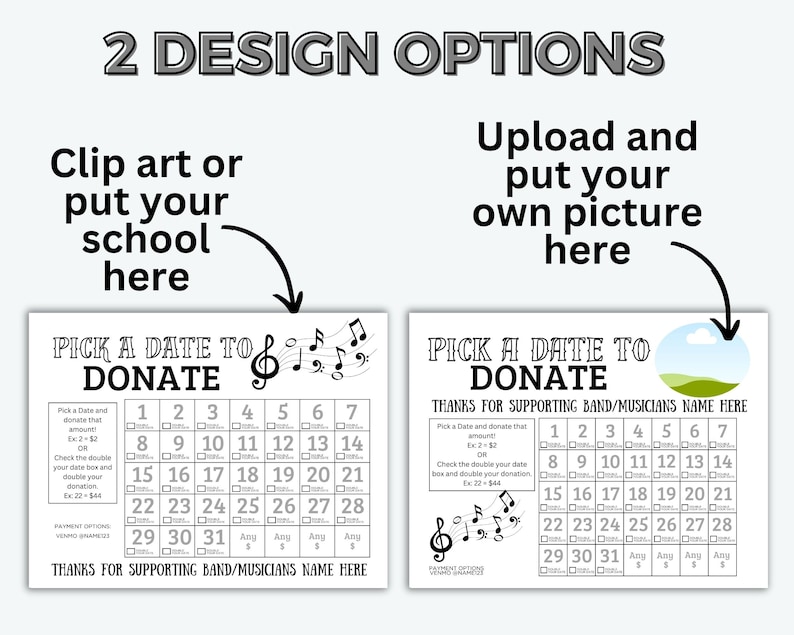 Editable Calendar Fundraiser, Unique Band Pick A Date to Donate ...