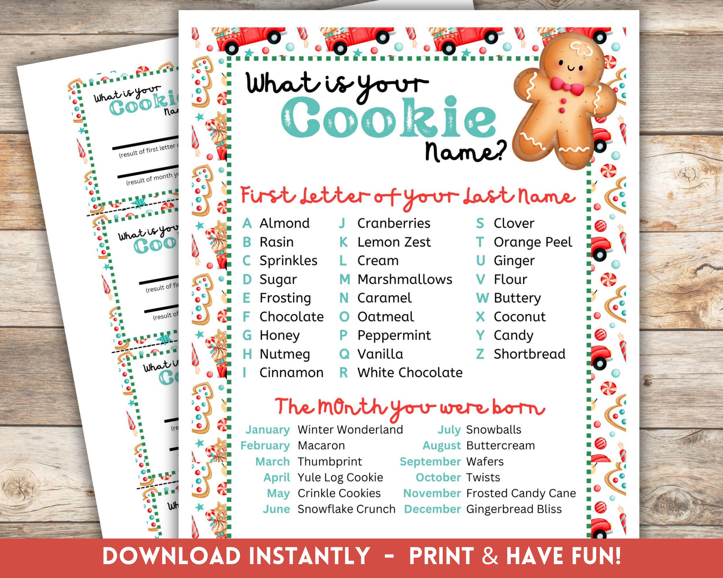 What's Your Cookie Name Game, Christmas Cookie Exchange Party, Holiday ...