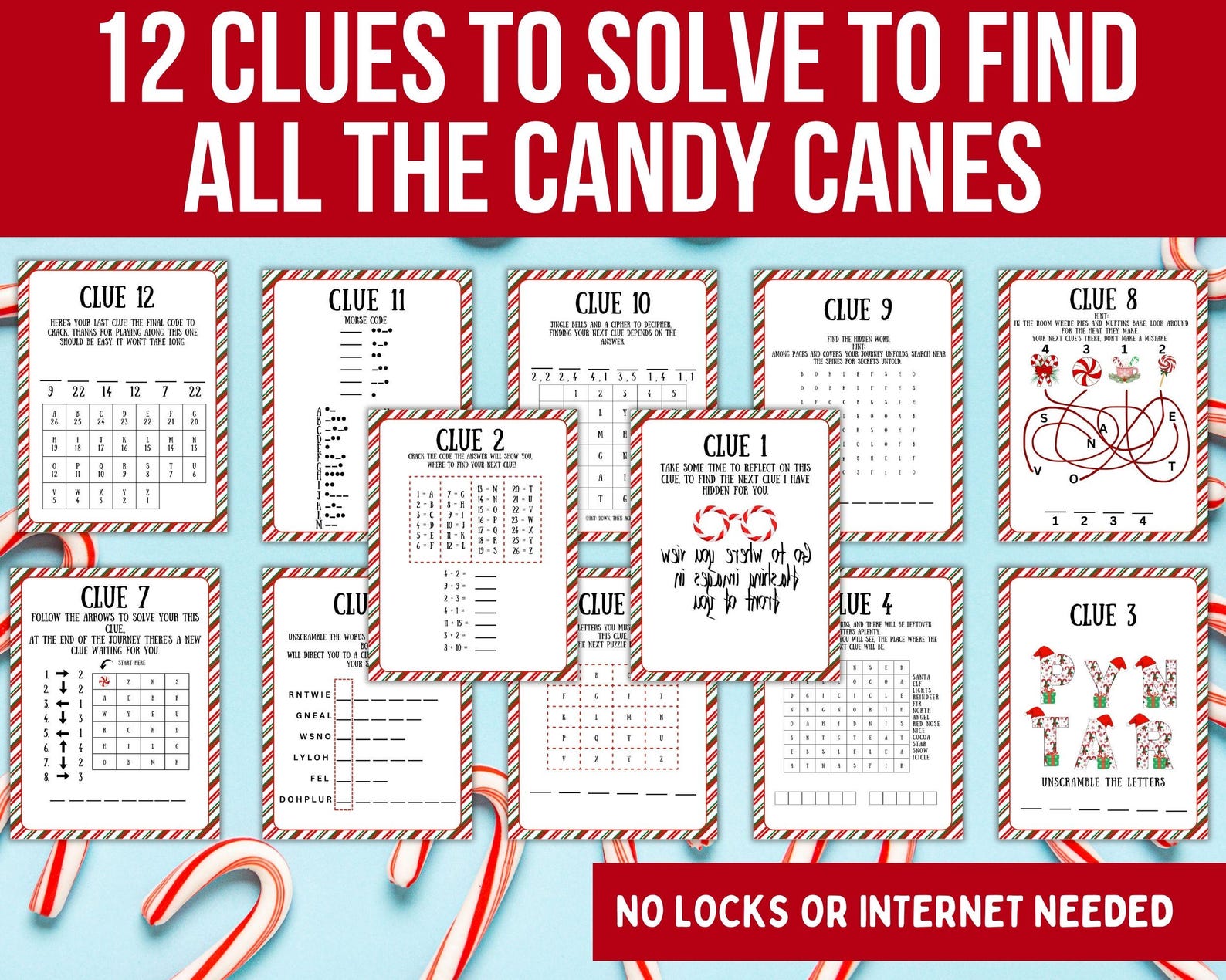 Indoor Candy Cane Scavenger Hunt, Candy Cane Hunt Escape Room Kit ...