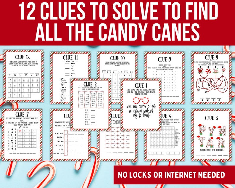 Indoor Candy Cane Scavenger Hunt, Candy Cane Hunt Escape Room Kit ...