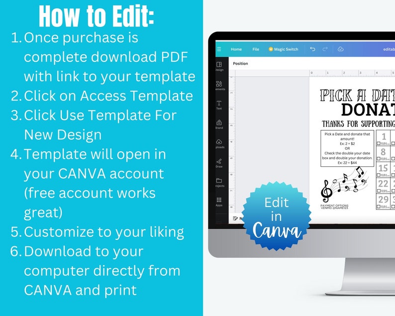 Editable Calendar Fundraiser, Unique Band Pick A Date to Donate ...