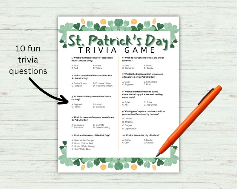 St. Patrick's Day Trivia Game Printable, St. Patrick's Day Party Game ...