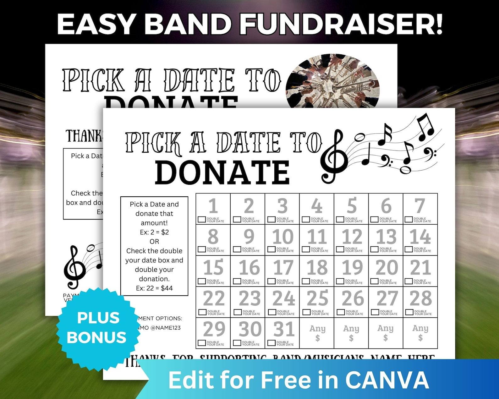 Editable Calendar Fundraiser, Unique Band Pick A Date to Donate ...