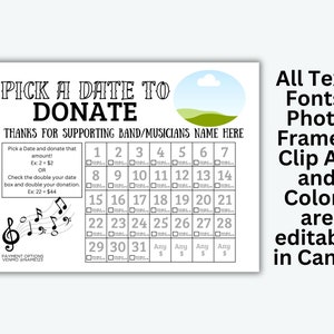 Editable Calendar Fundraiser, Unique Band Pick A Date to Donate ...
