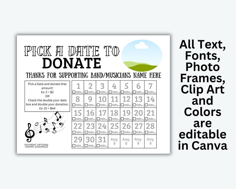 Editable Calendar Fundraiser, Unique Band Pick A Date to Donate ...