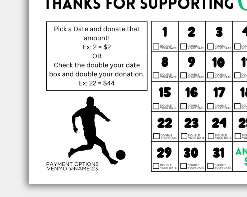 Editable Soccer Calendar Fundraiser, Unique Soccer Pick A Date to ...