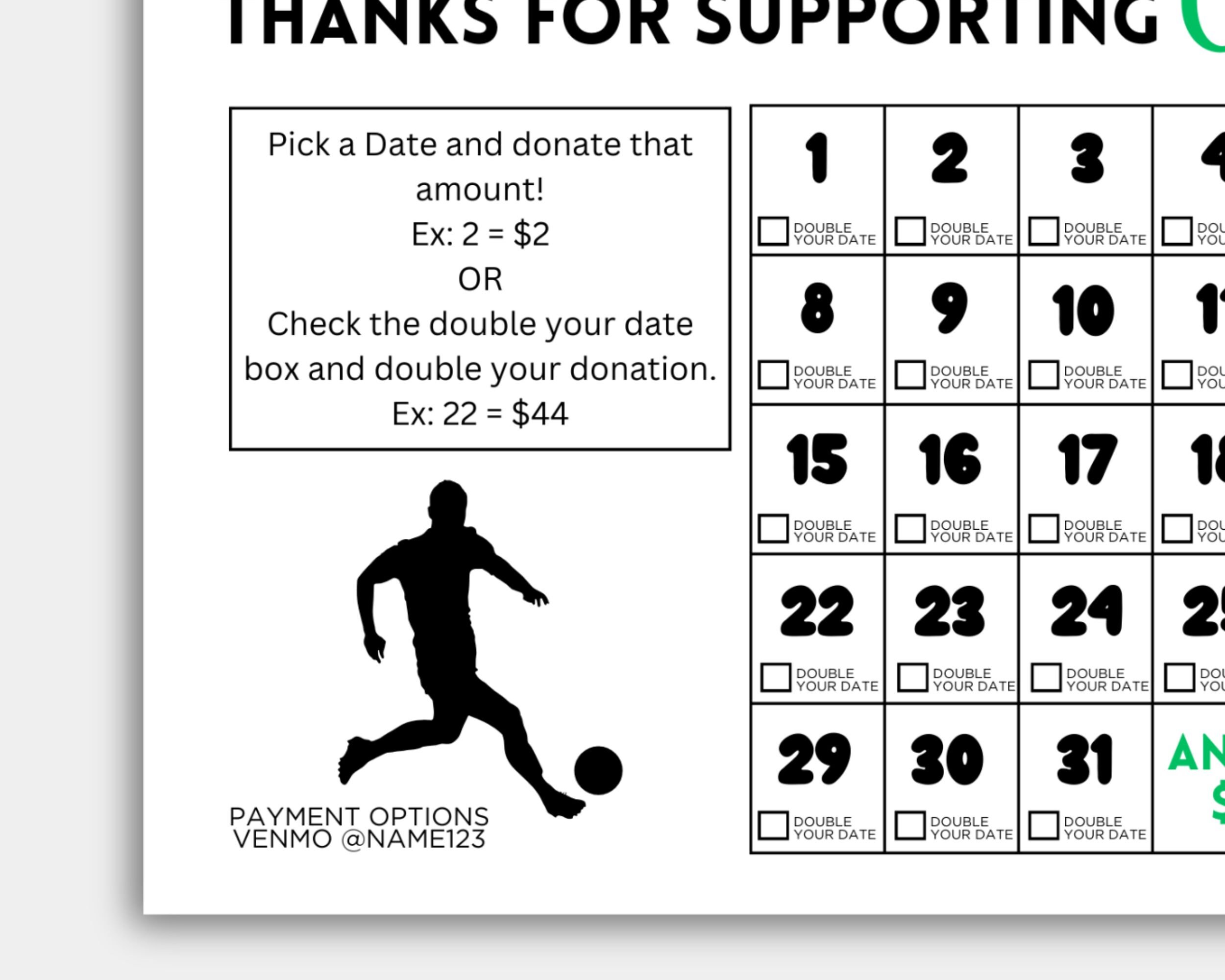 Editable Soccer Calendar Fundraiser, Unique Soccer Pick A Date to ...