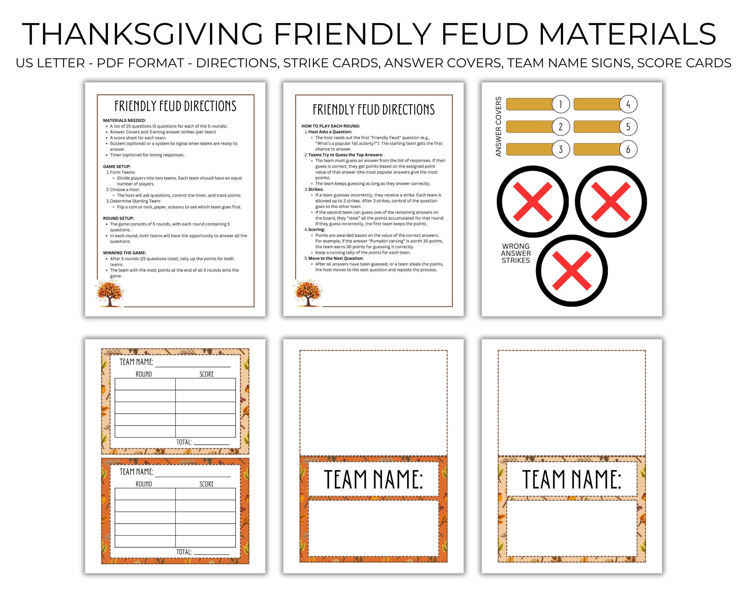 Thanksgiving Friendly Feud Game – Printable Thanksgiving Game Editable ...
