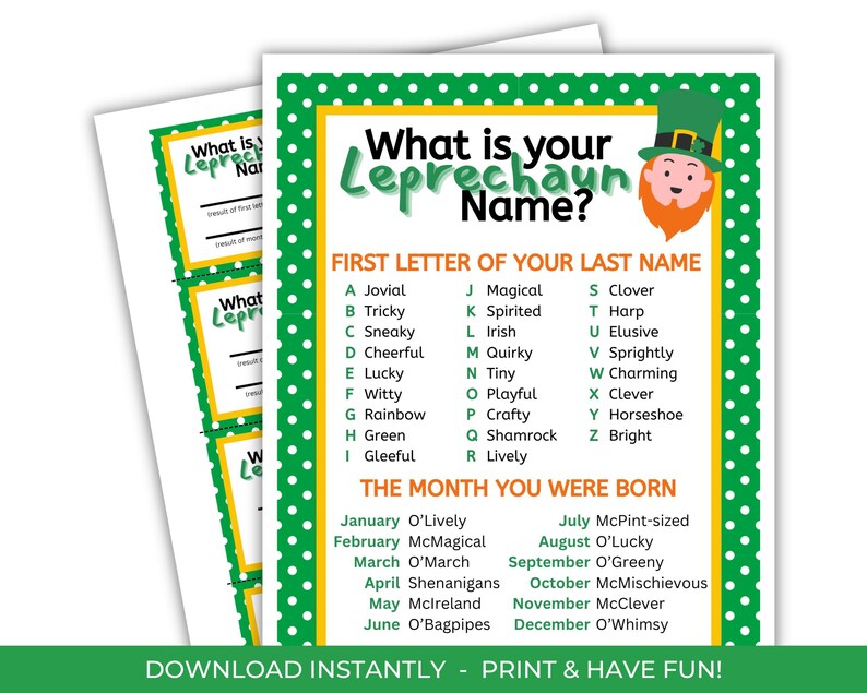 What is Your Leprechaun Name Activity, Leprechaun Name Game Printable ...