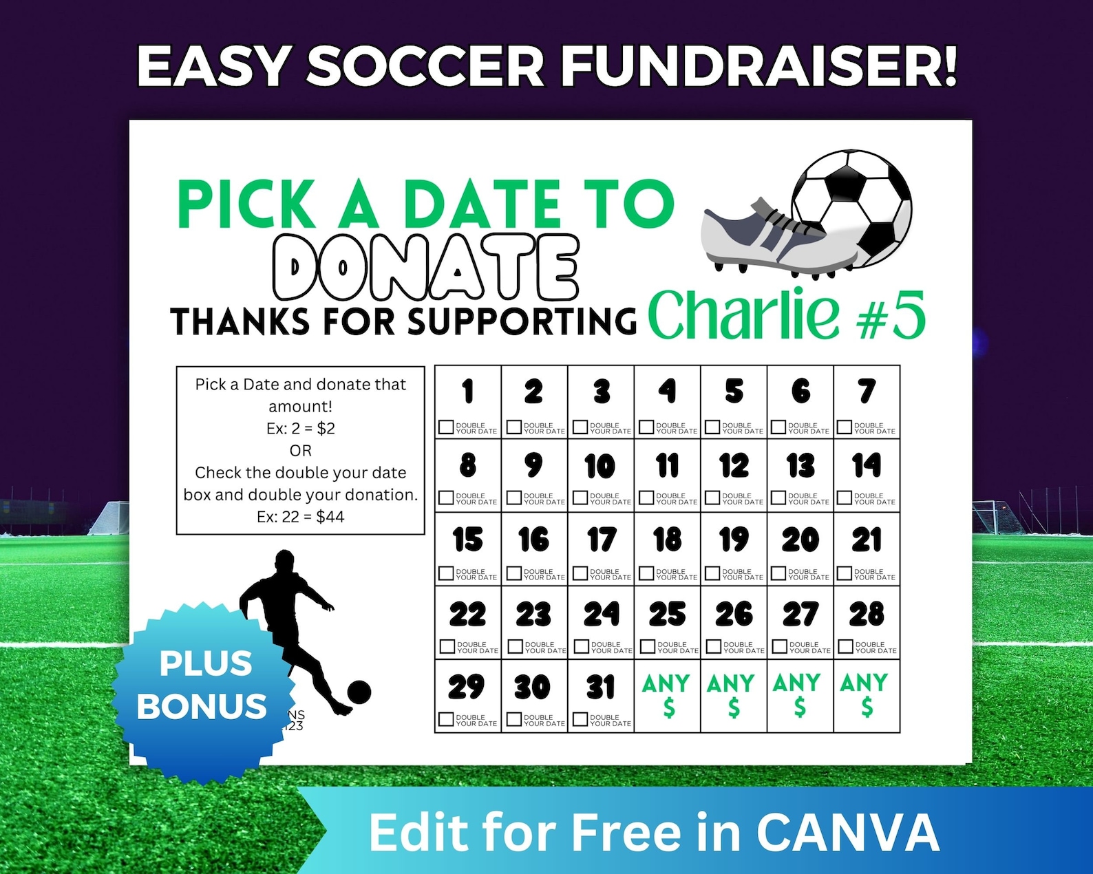 Editable Soccer Calendar Fundraiser, Unique Soccer Pick A Date to ...