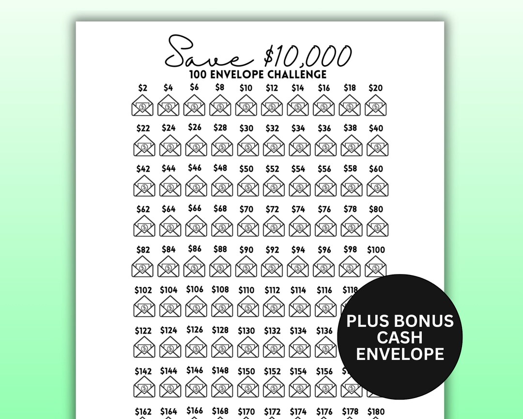 10K Savings Challenge 100 Envelope Printable, 10000 Savings Challenge ...