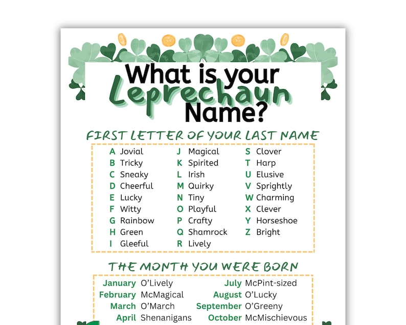 Leprechaun Name Game Printable, What is Your Leprechaun Name Activity ...