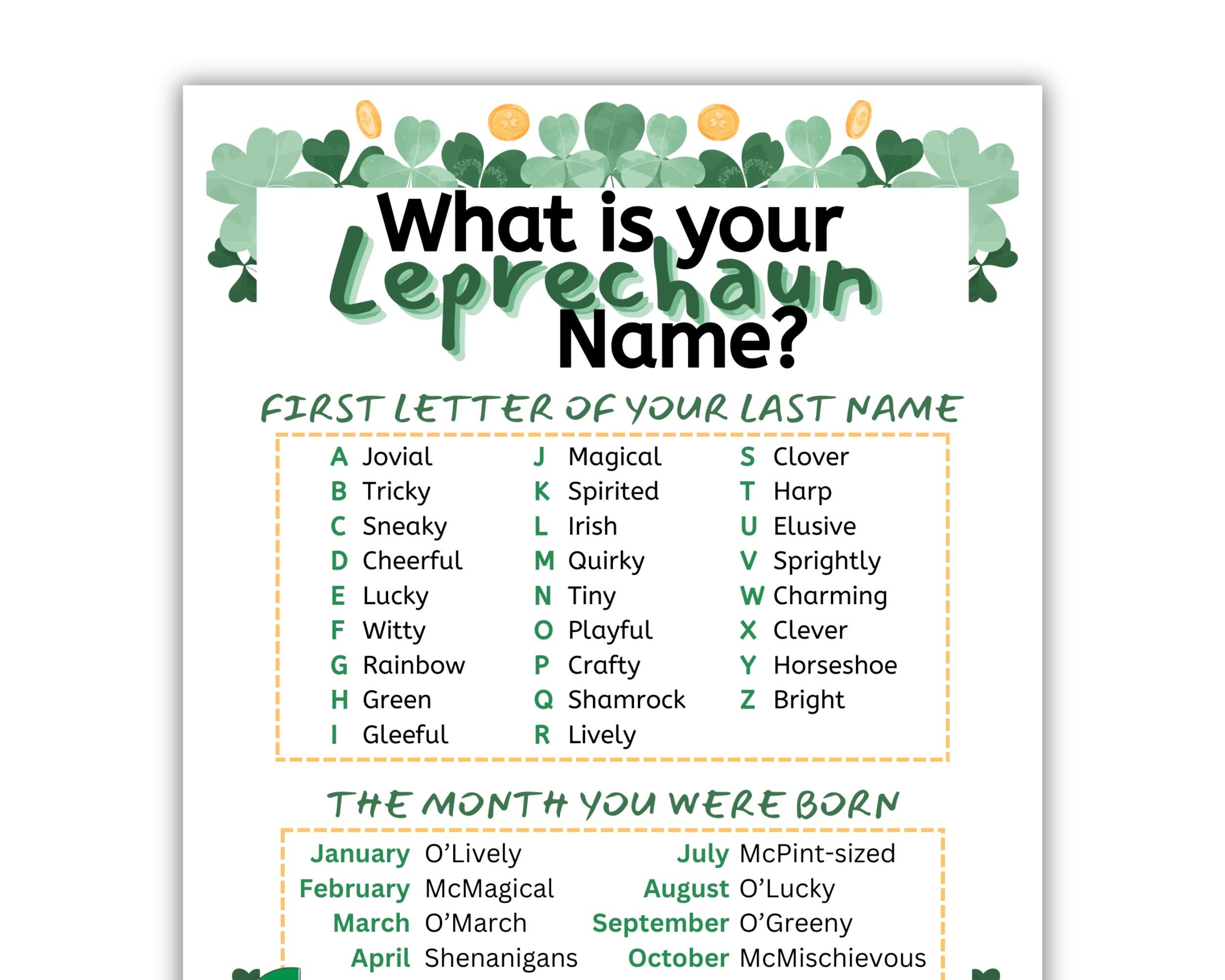 Leprechaun Name Game Printable, What is Your Leprechaun Name Activity ...