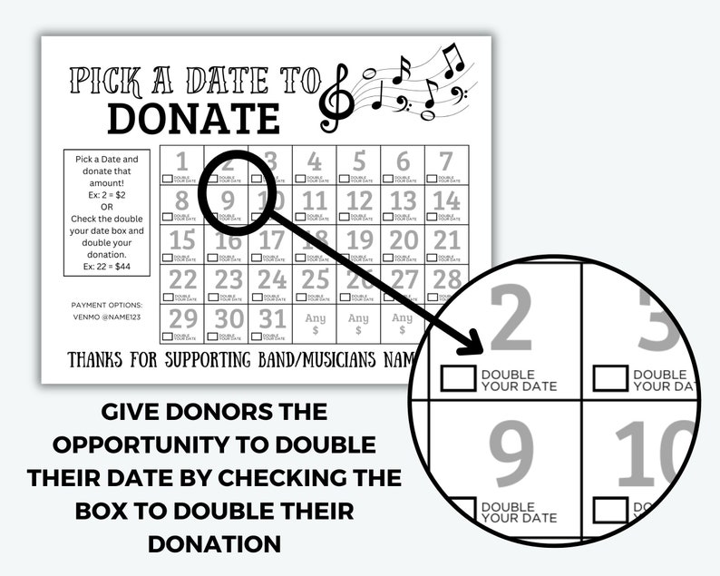Editable Calendar Fundraiser, Unique Band Pick A Date to Donate ...