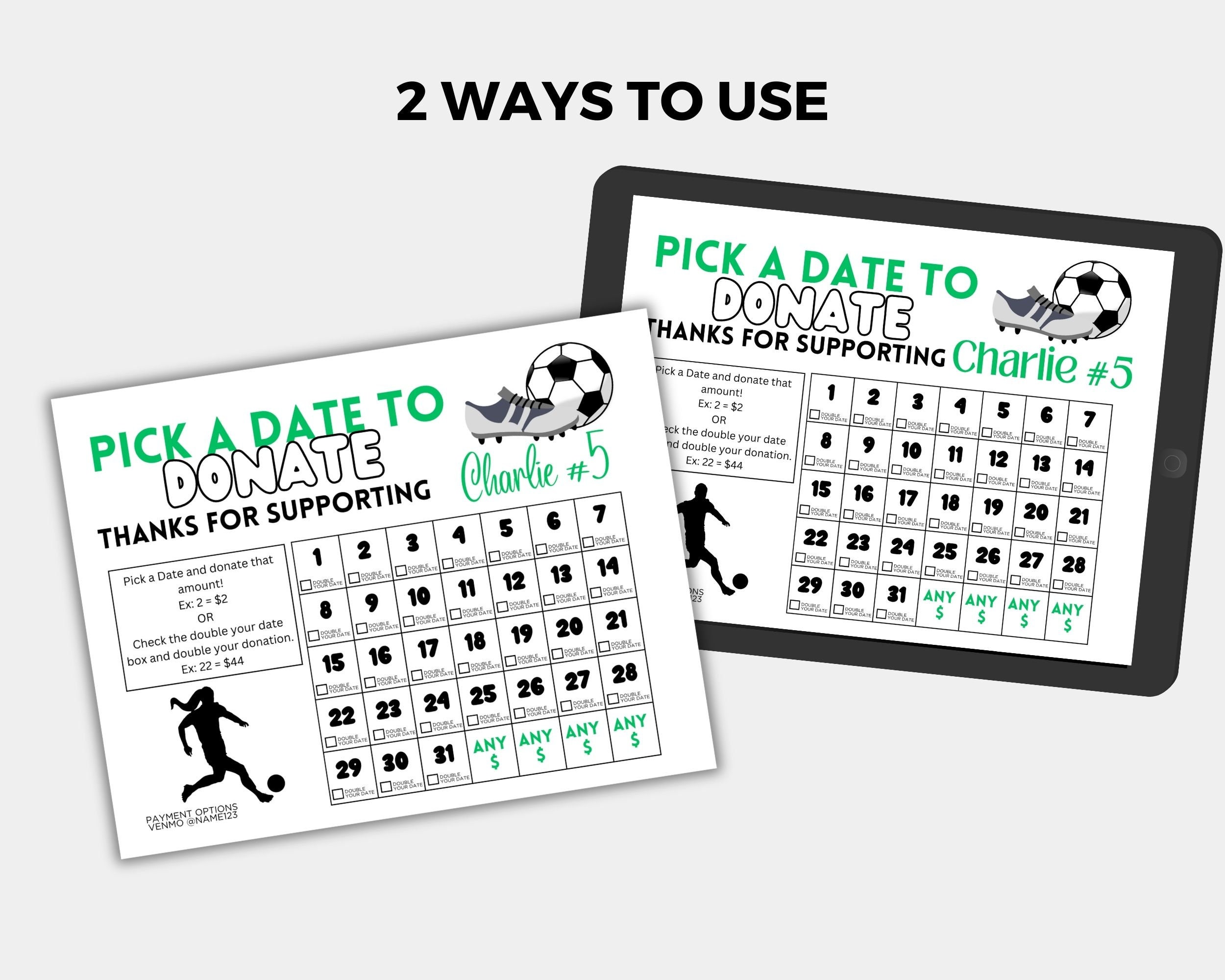 Editable Soccer Calendar Fundraiser, Unique Soccer Pick A Date to ...