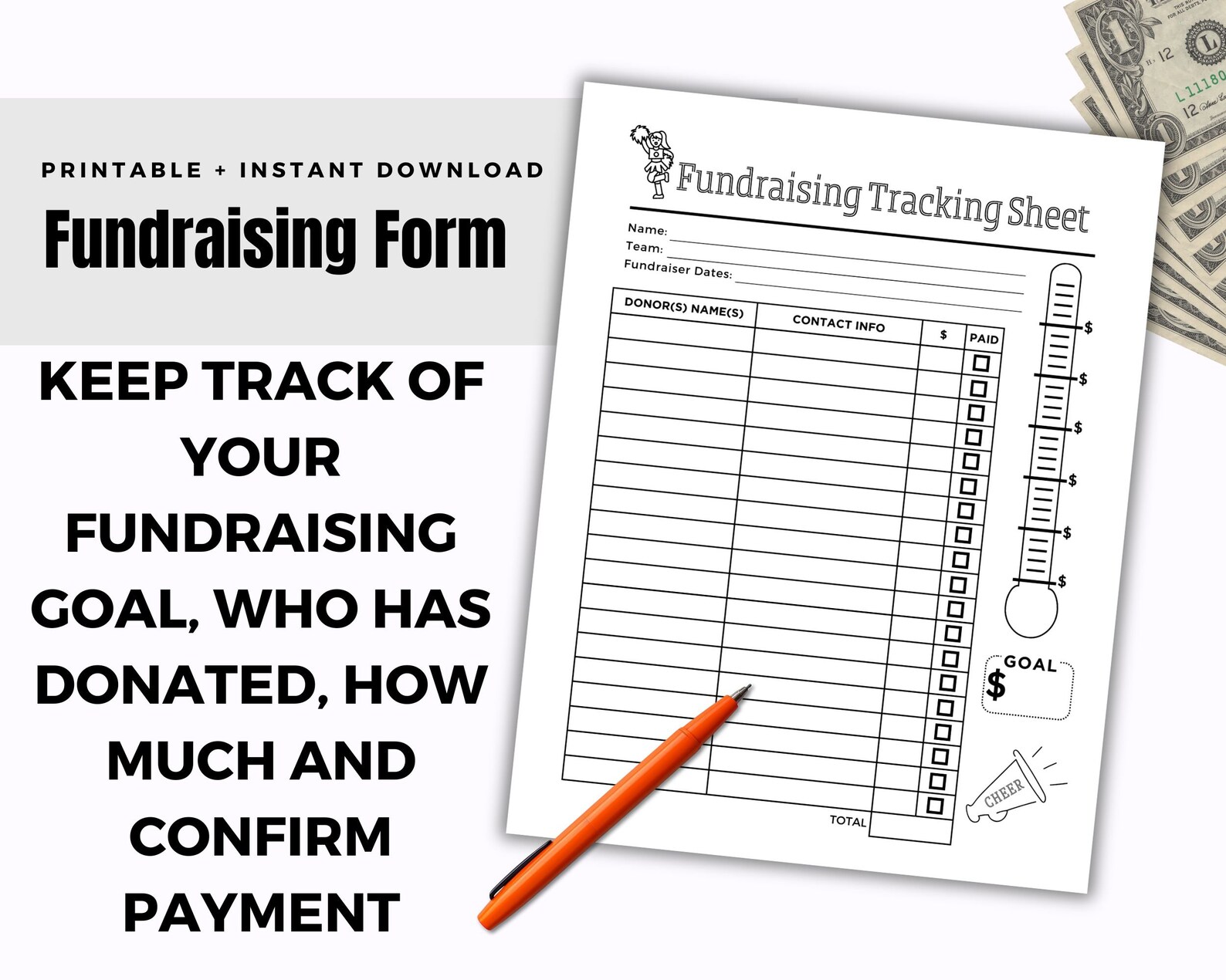 Cheer Team Fundraising Donations Tracker Sheet, Cheerleading Fundraiser ...