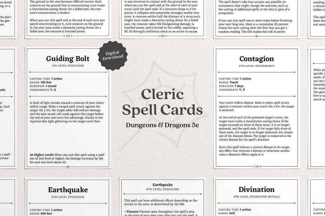 Dnd 5e Cleric Spell Cards Printable / Digital Download as PDF / DM Accessories / Dungeons ...