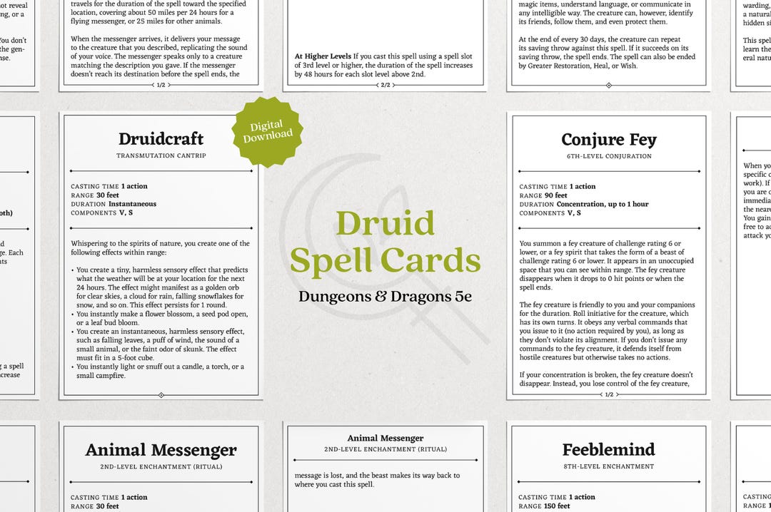 Dnd 5e Druid Spell Cards Printable / Digital Download as PDF / DM ...