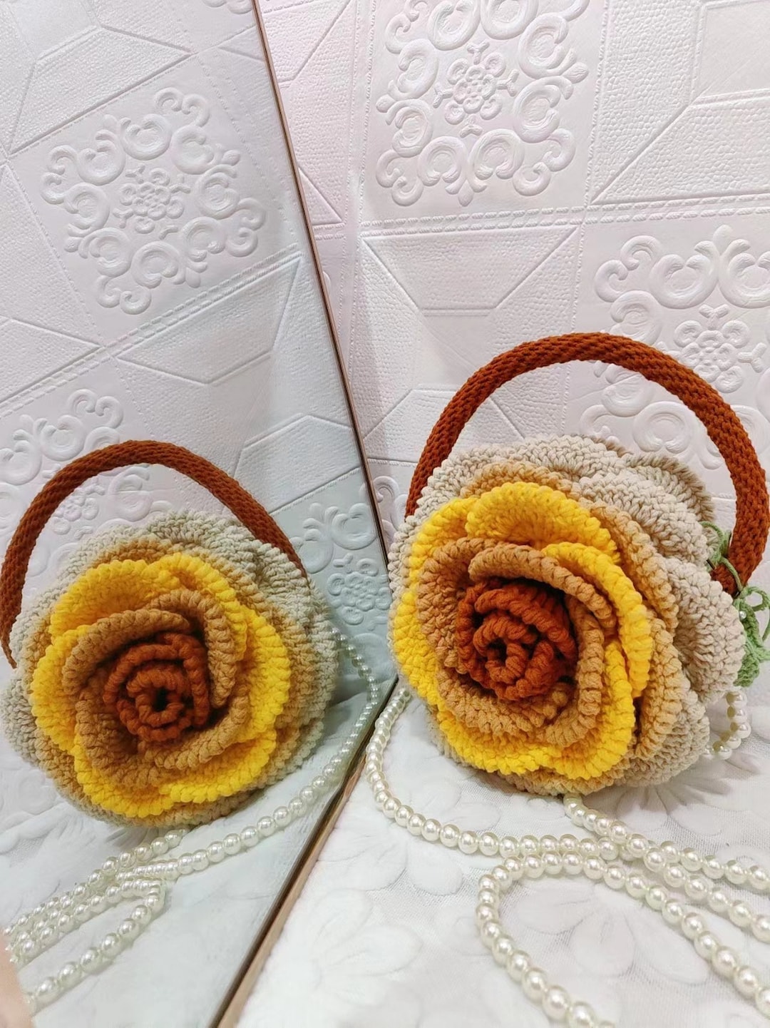 Rose Bag Handmade Crochet Three-dimensional Double-sided Yellow, Brown ...