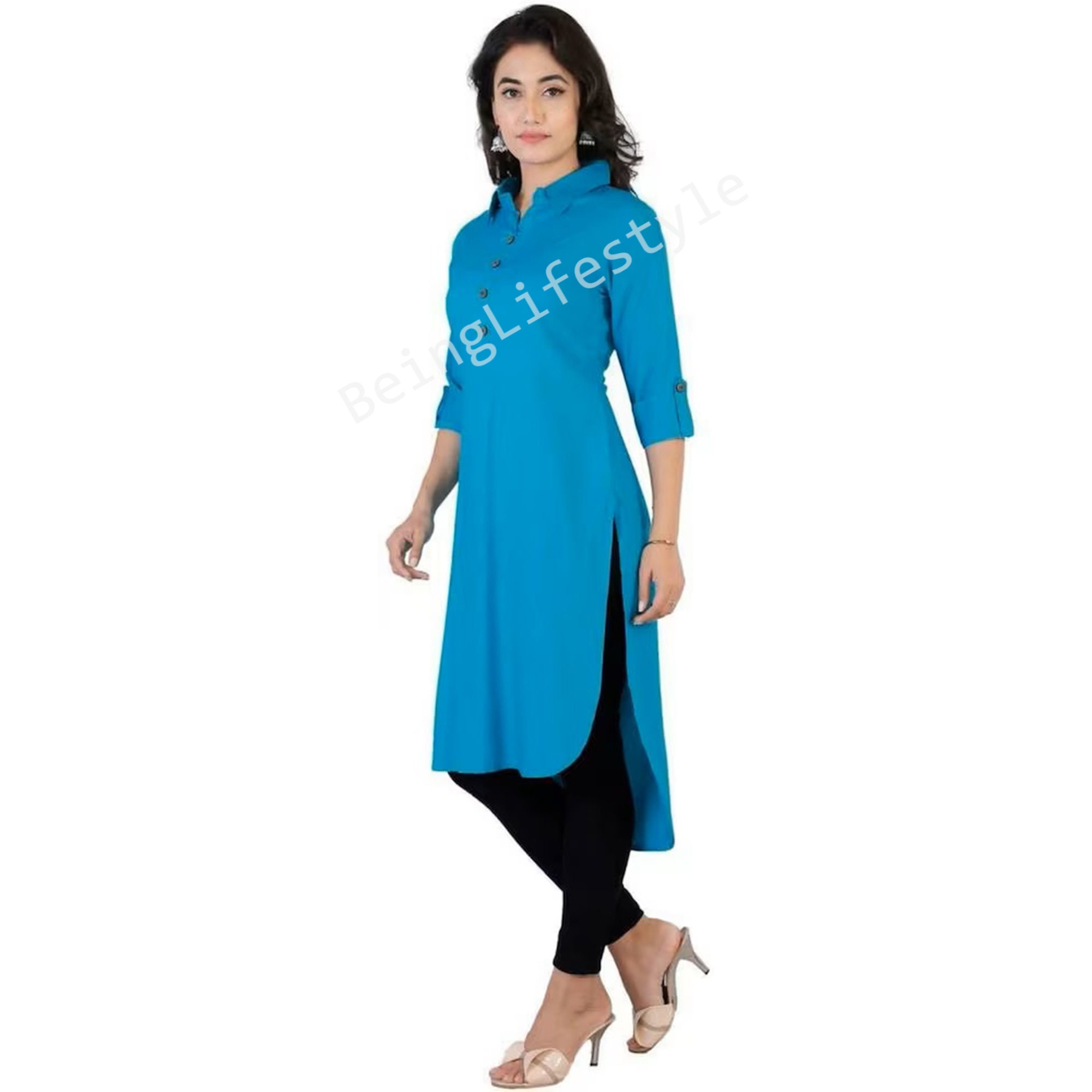 Women's Kurti, Peter Pan Collar Button Down Dolman Sleeve Long Kurti ...