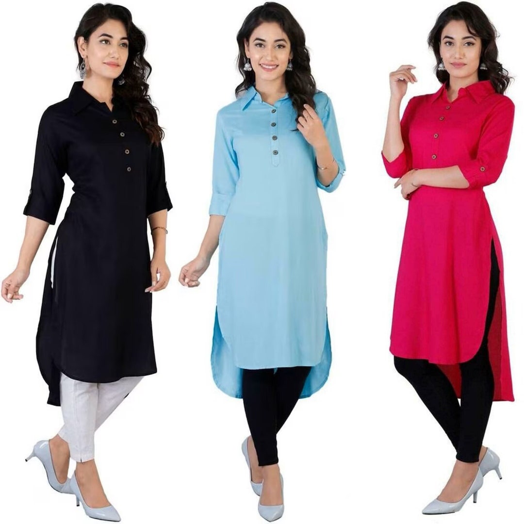 Women's Kurti, Peter Pan Collar Button Down Dolman Sleeve Long Kurti ...