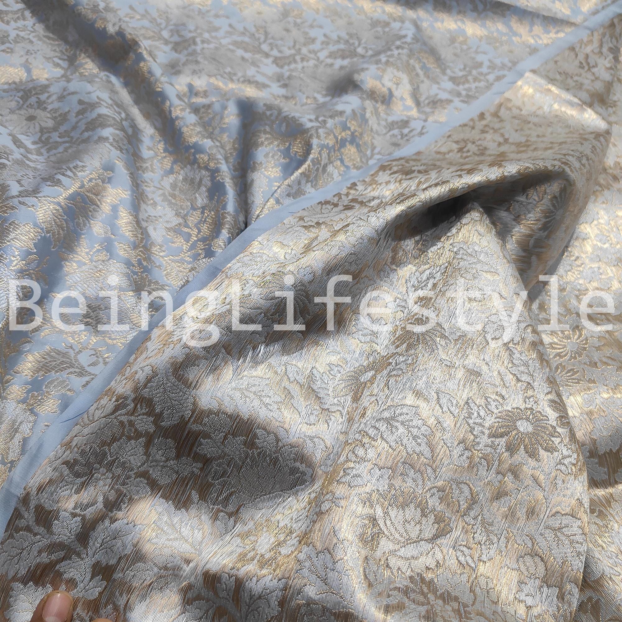 Light Blue Brocade Fabric: Gold Floral Print, Bridal Dress Fabric - Etsy