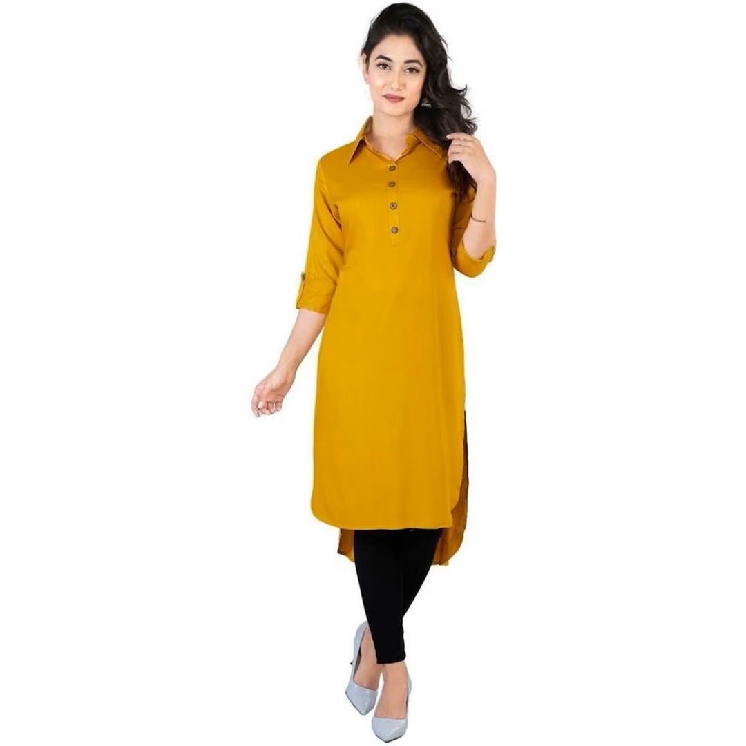 Women's Kurti, Peter Pan Collar Button Down Dolman Sleeve Long Kurti ...
