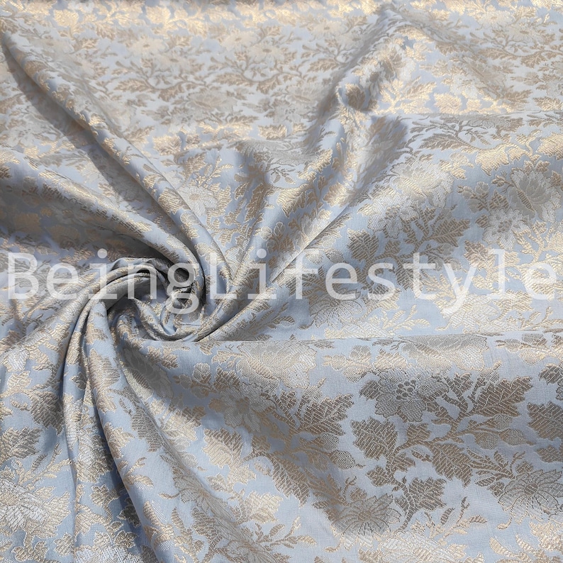 Light Blue Brocade Fabric: Gold Floral Print, Bridal Dress Fabric - Etsy