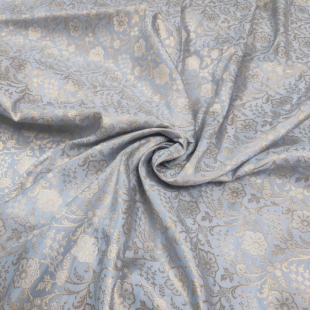 Light Blue Floral Brocade Fabric: Indian Silk Blend, Bridal Dresses - Etsy