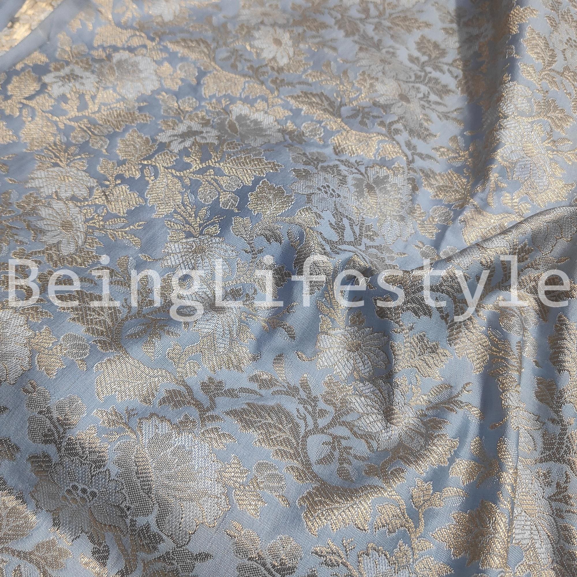 Light Blue Brocade Fabric: Gold Floral Print, Bridal Dress Fabric - Etsy