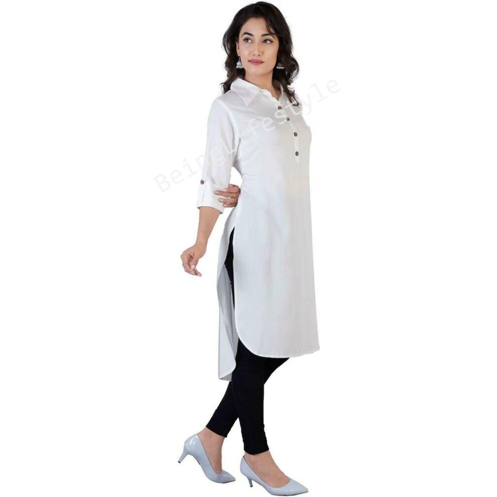 Women's Kurti, Peter Pan Collar Button Down Dolman Sleeve Long Kurti ...