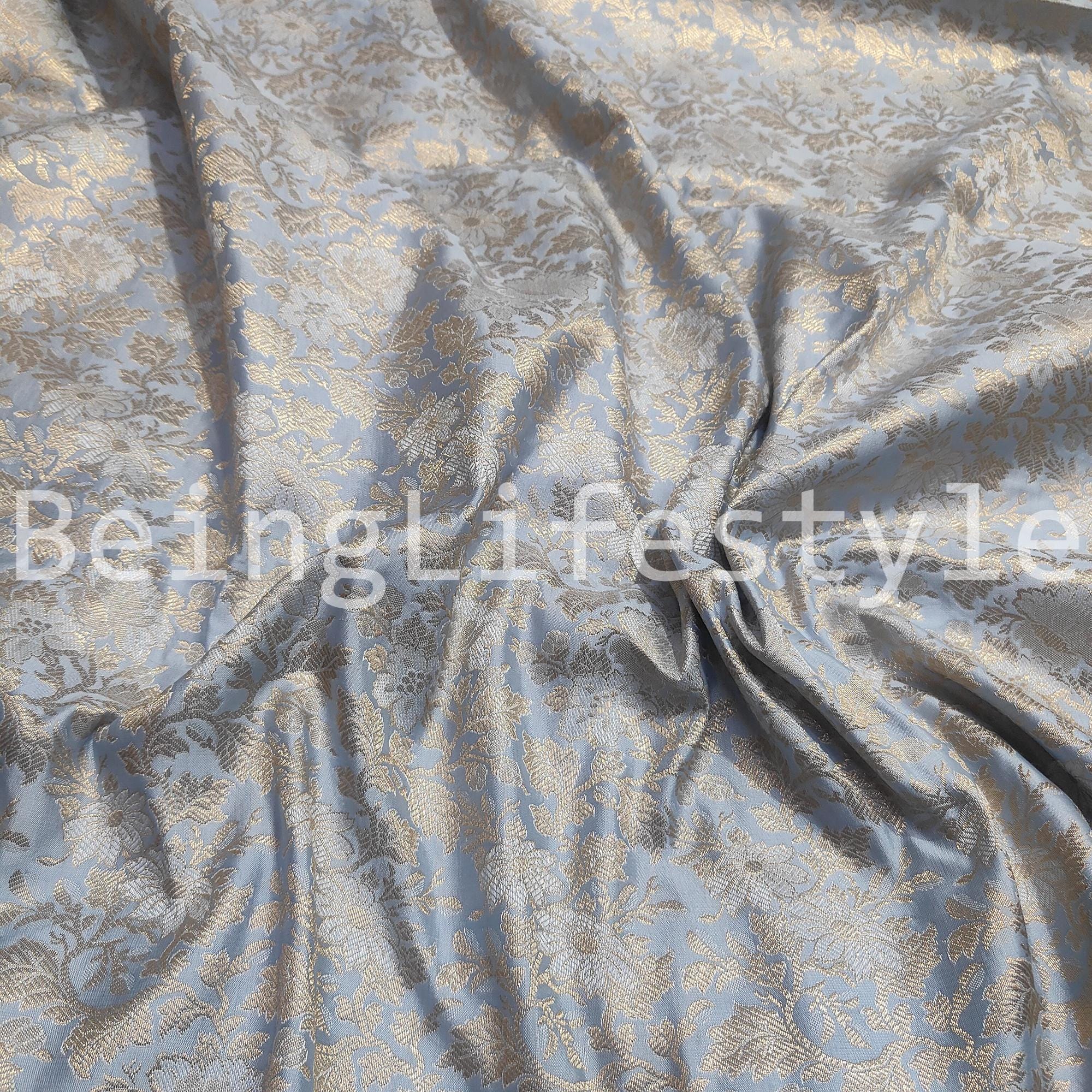 Light Blue Brocade Fabric: Gold Floral Print, Bridal Dress Fabric - Etsy