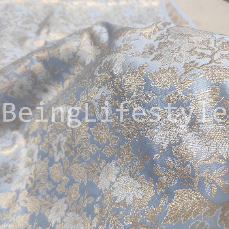 Light Blue Brocade Fabric: Gold Floral Print, Bridal Dress Fabric - Etsy
