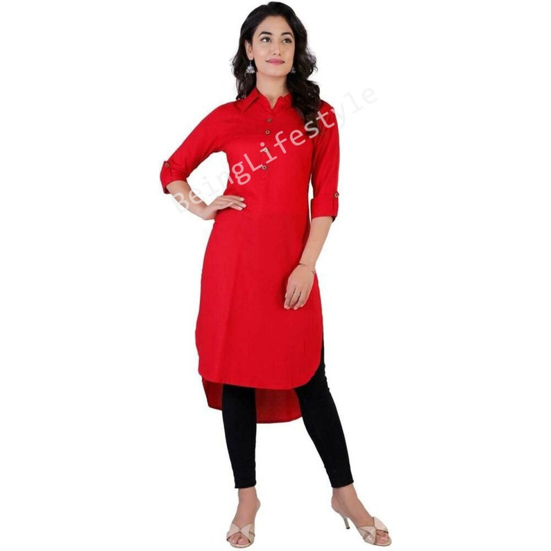 Women's Kurti, Peter Pan Collar Button Down Dolman Sleeve Long Kurti ...