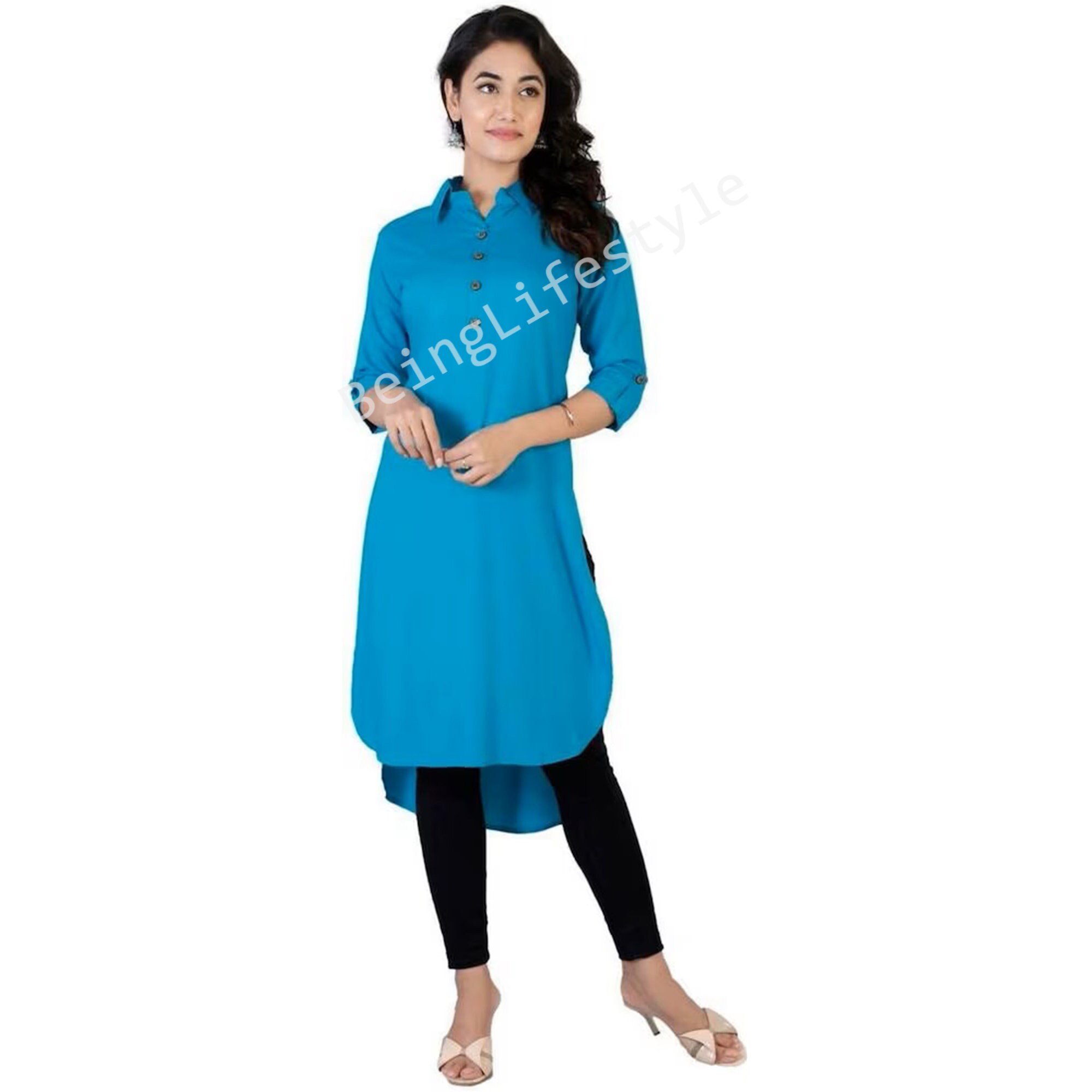 Women's Kurti, Peter Pan Collar Button Down Dolman Sleeve Long Kurti ...