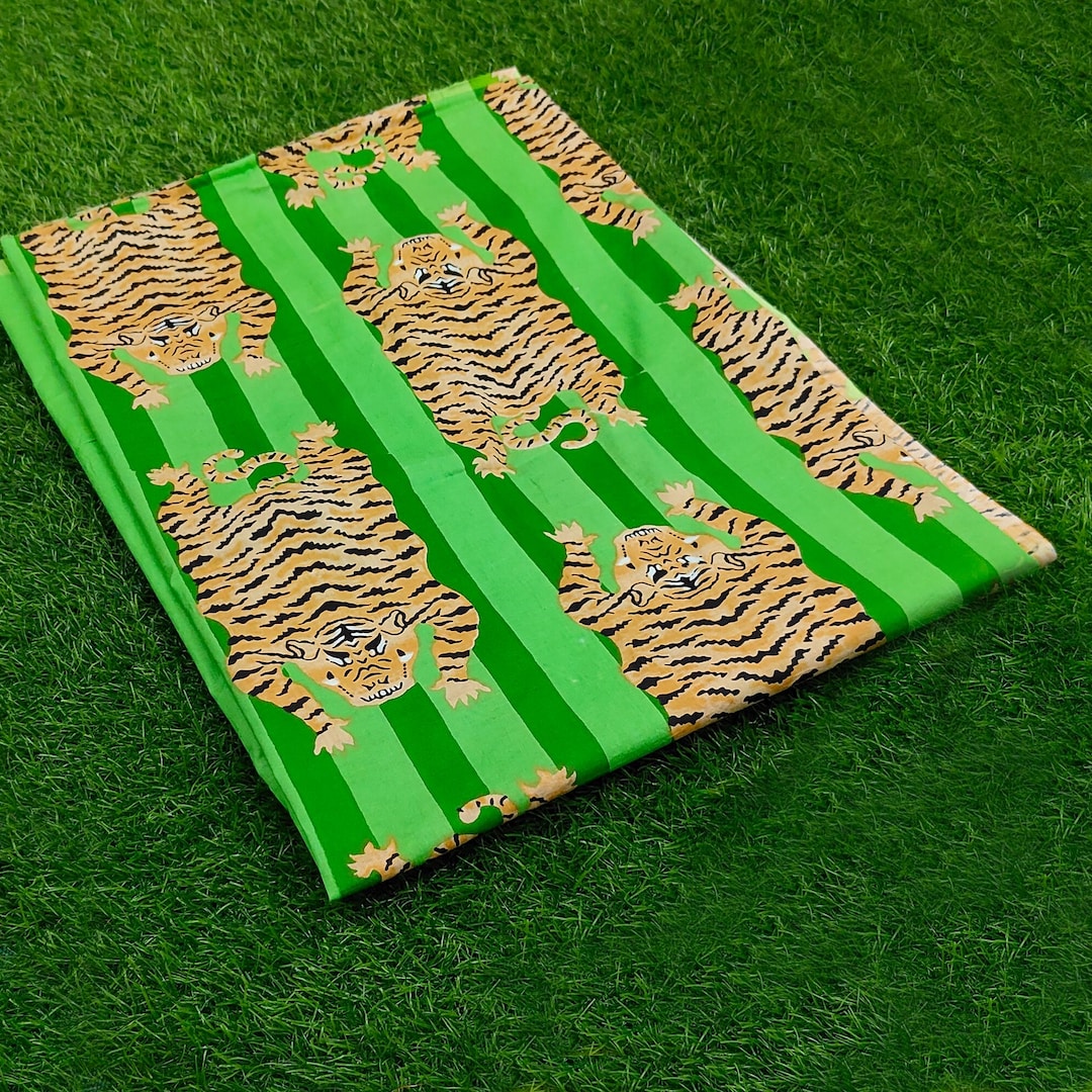 Lime Green Stripe Tiger Print Cotton Fabric, Indian Dressmaking Sewing ...