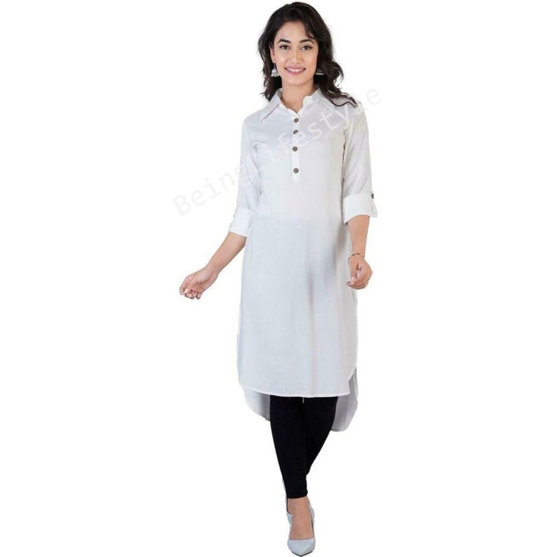 Women's Kurti, Peter Pan Collar Button Down Dolman Sleeve Long Kurti ...