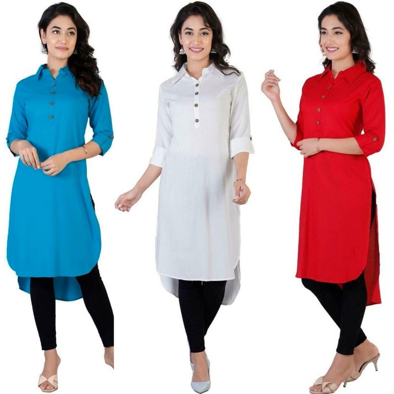 Women's Kurti, Peter Pan Collar Button Down Dolman Sleeve Long Kurti ...