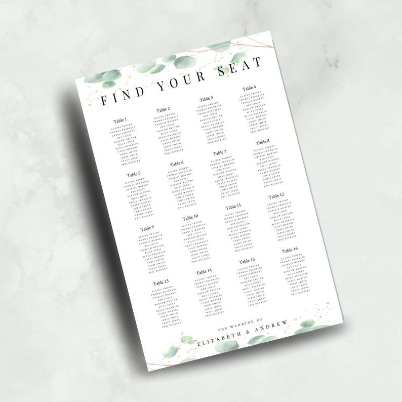 Editable Seating Chart | Printable | Seating Chart | Greenery | 24" X ...