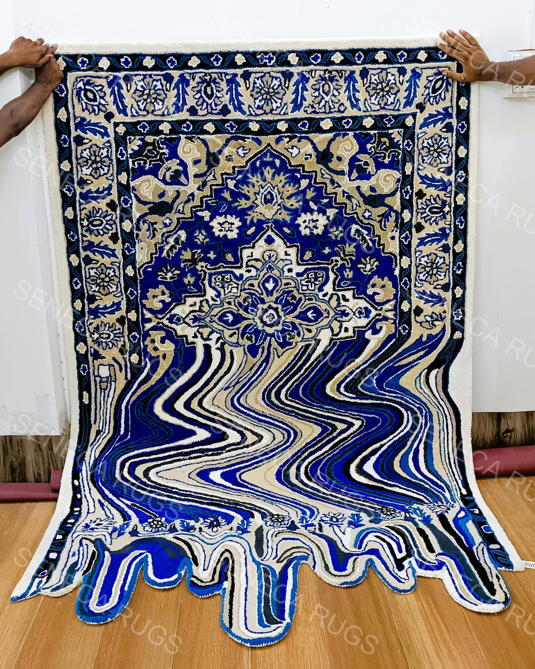Melting Tufted Rug, Trippy Blue & White Drip Area Rug, Wavy Abstract ...