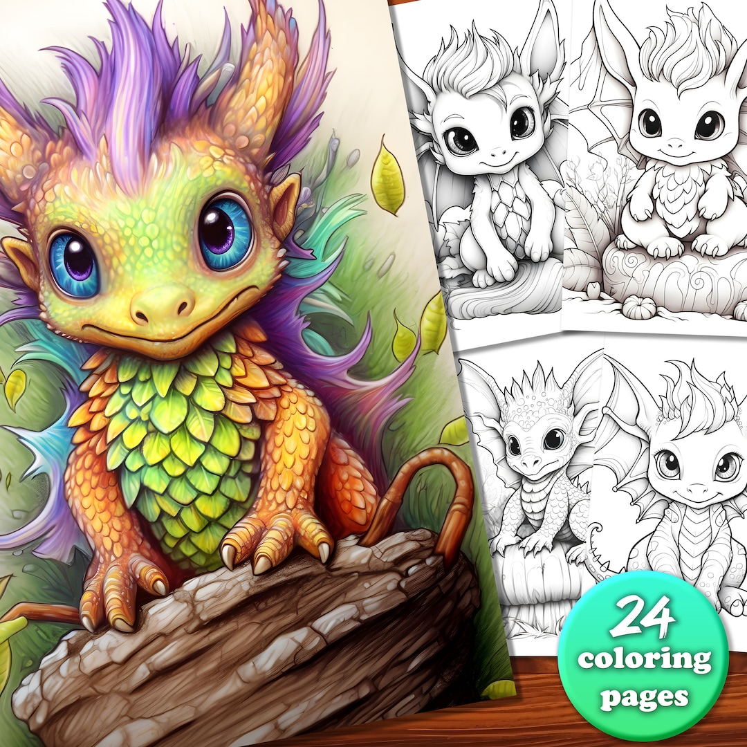 24 Baby Woodland Dragon Fantasy Coloring Page Book, Adults and Kids ...