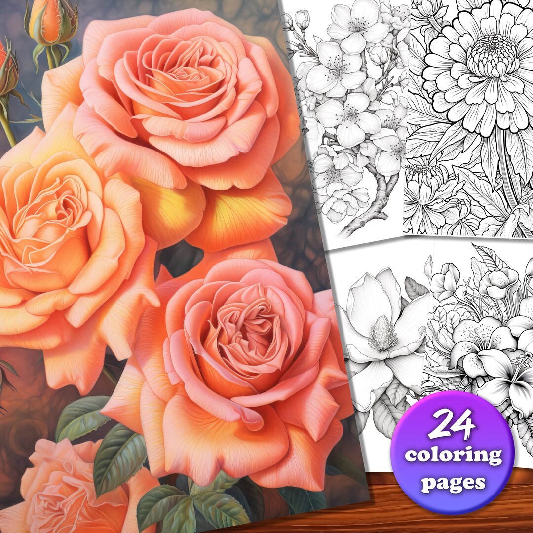24 Flower Collection Coloring Page Book, Adults and Kids, Instant ...
