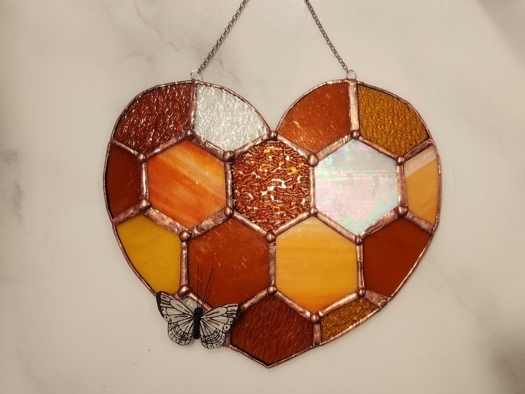 Honeycomb Stained Glass Heart Window Hanging - Etsy